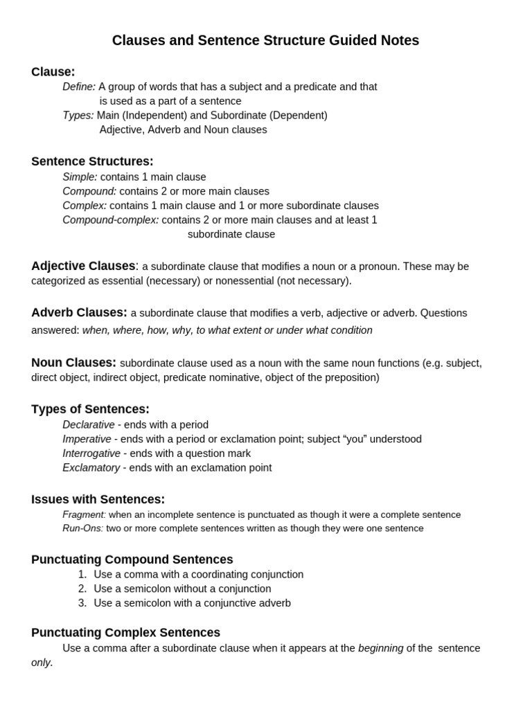 Clauses and Sentence Structure Guided Notes | PDF