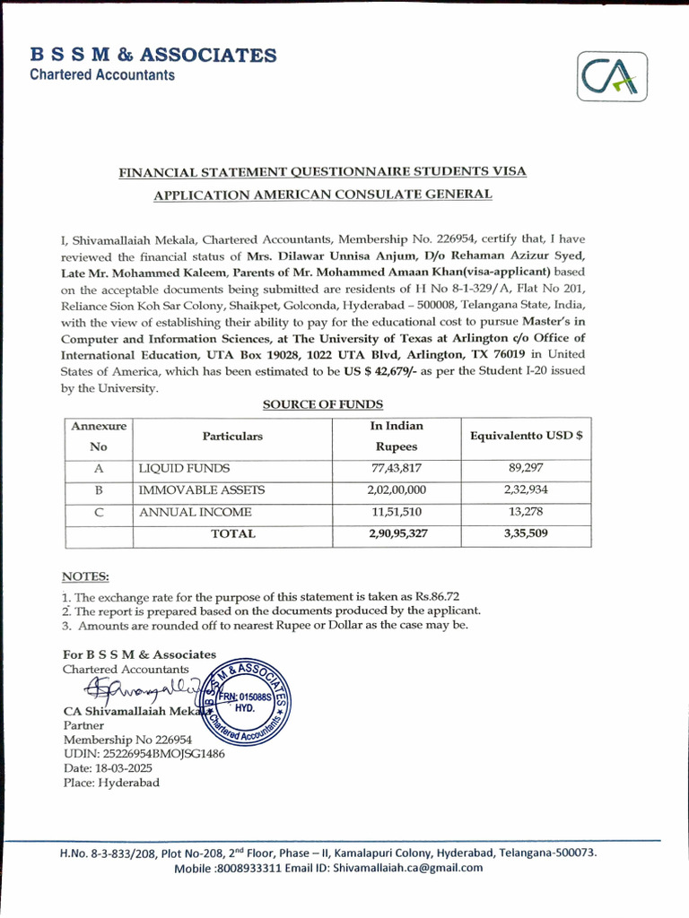 Financial Statement for Visa Application | PDF