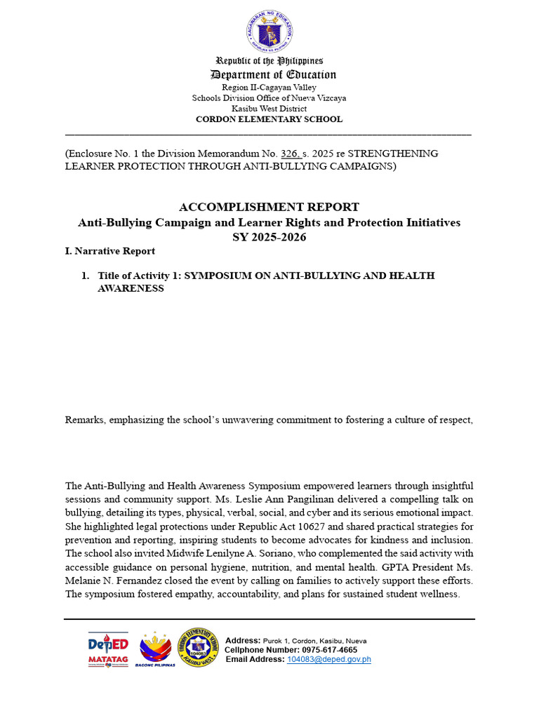 Cordon Es Accomplishment Report On Bullying For The Month of July | PDF ...