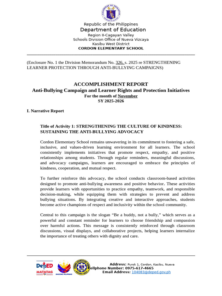 Cordon Elementary Anti-Bullying Report | PDF | Learning | Bullying