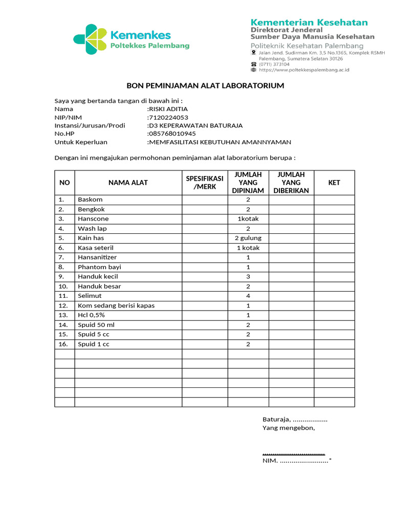 Permohonan Peminjaman Alat Laboratorium | PDF