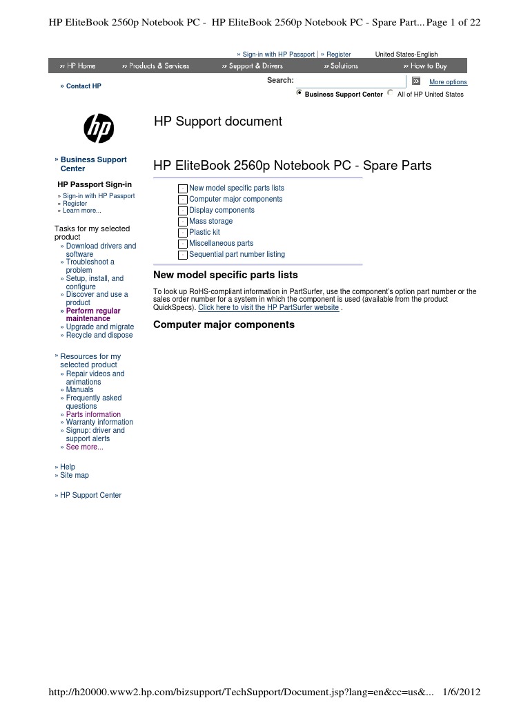 Part Number HP Elitebook 2560p | PDF | Personal Computers | Intel