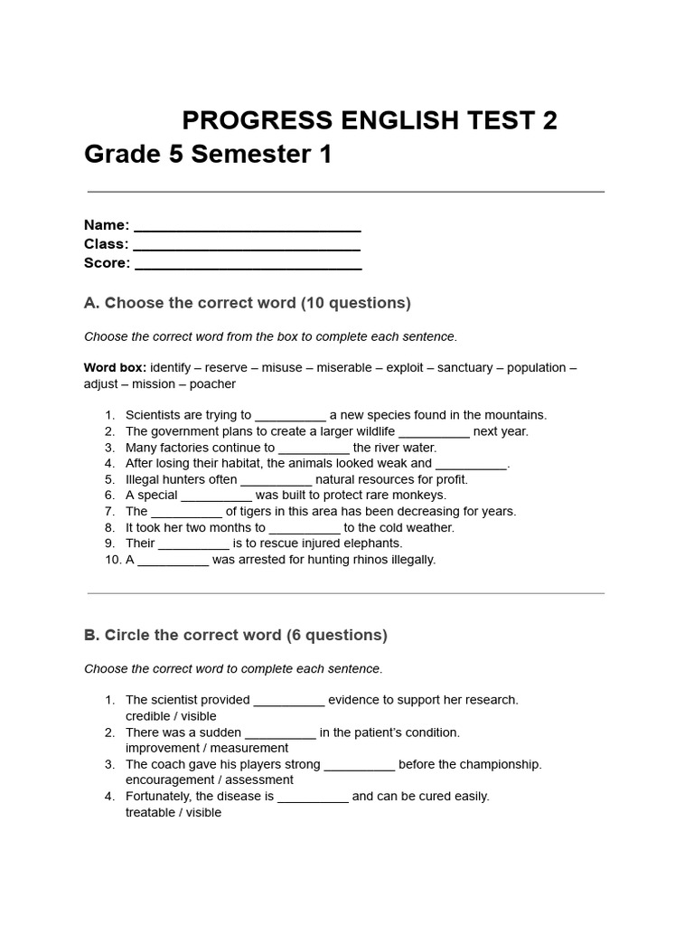PROGRESS ENGLISH TEST 2 Grade 5 Semester 1-3 | PDF | Mountains | Hunting