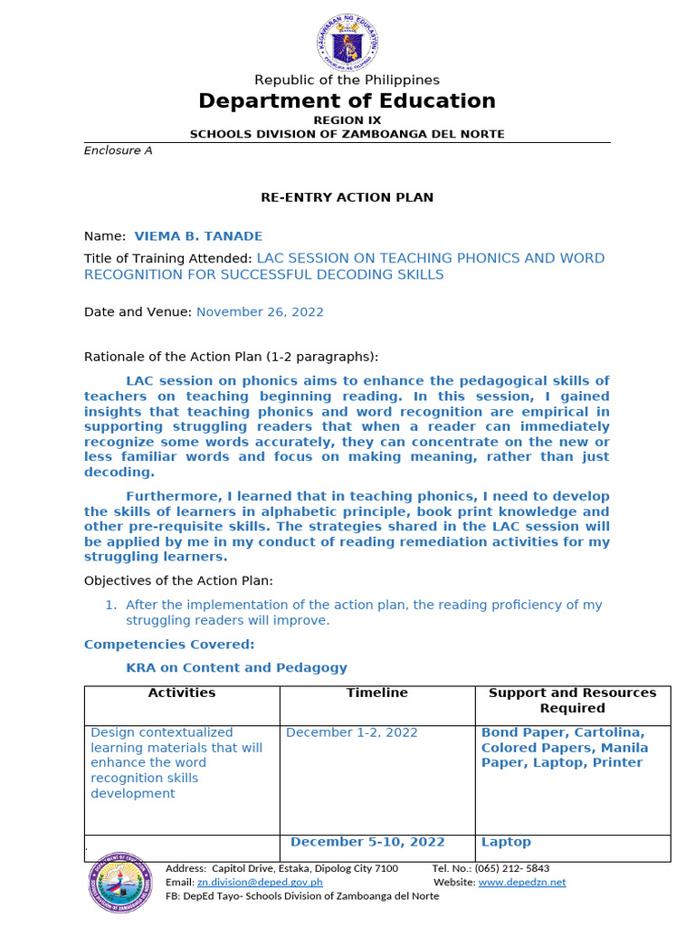 5 Re Entry Action Plan Phonicss | PDF | Phonics | Cognitive Science