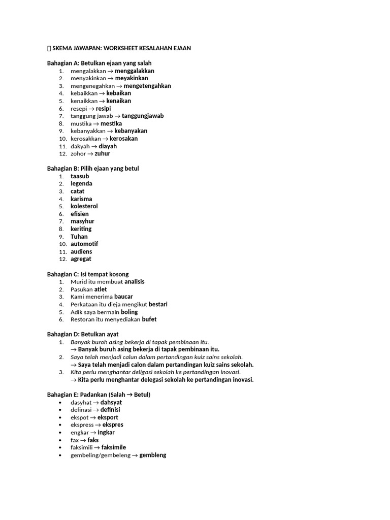 Skema Jawapan Worksheet Kesalahan Ejaan | PDF