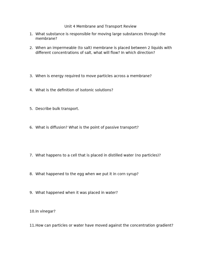 Unit 4 Membrane and Transport Review (1) | PDF