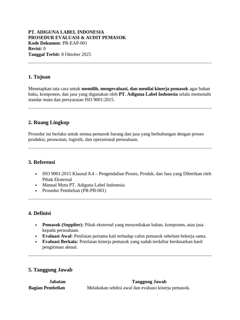 Prosedur Evaluasi Pemasok Adiguna | PDF