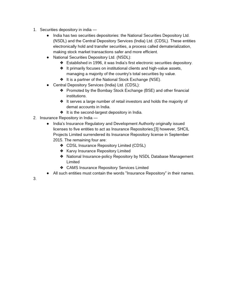 Securities and Insurance Repositories in India | PDF