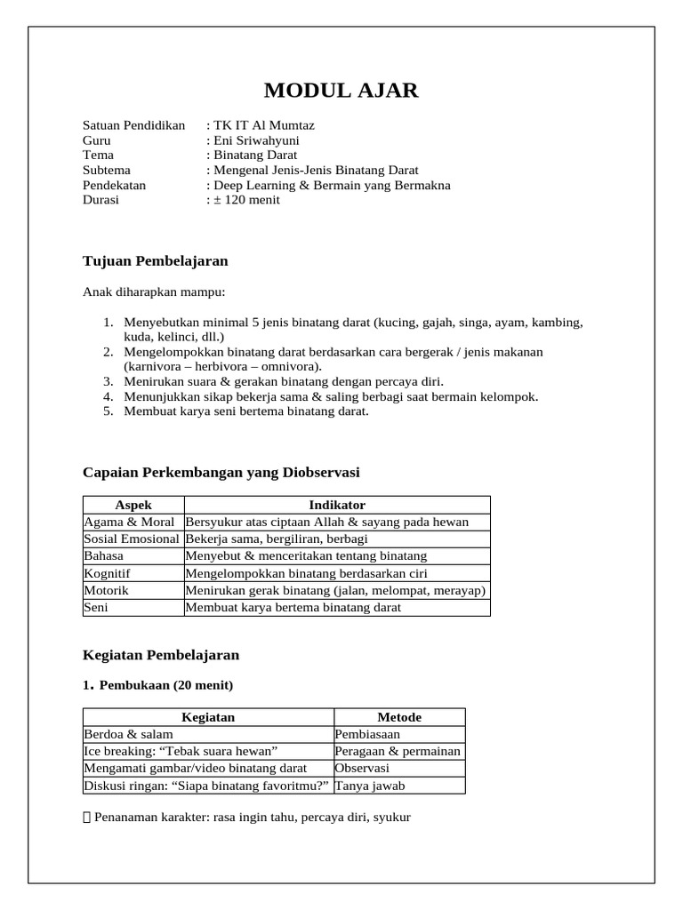 Modul Ajar Mengenal Binatang Darat TK | PDF