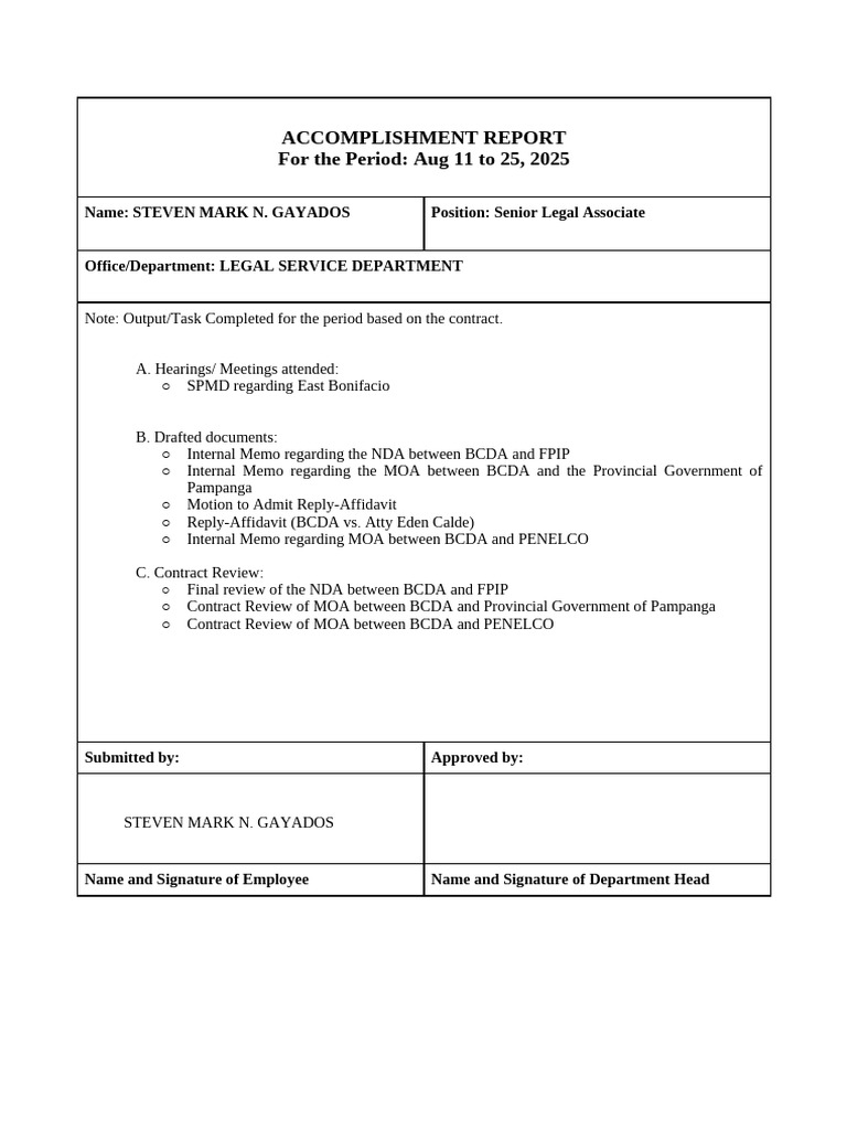 Legal Accomplishment Report: Aug 2025 | PDF