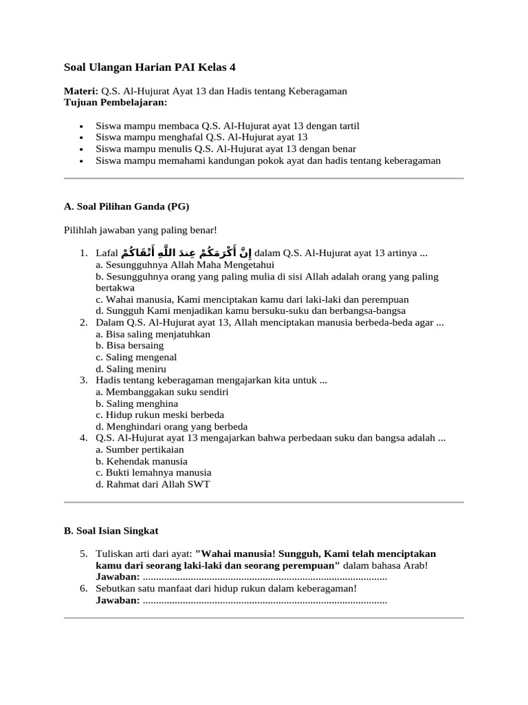 Soal Ulangan Harian PAI Kelas 4 | PDF