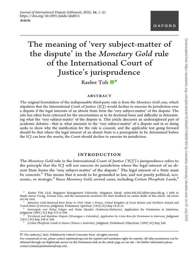 The Meaning of Very Subject-Matter of The Dispute' in The Monetary Gold ...