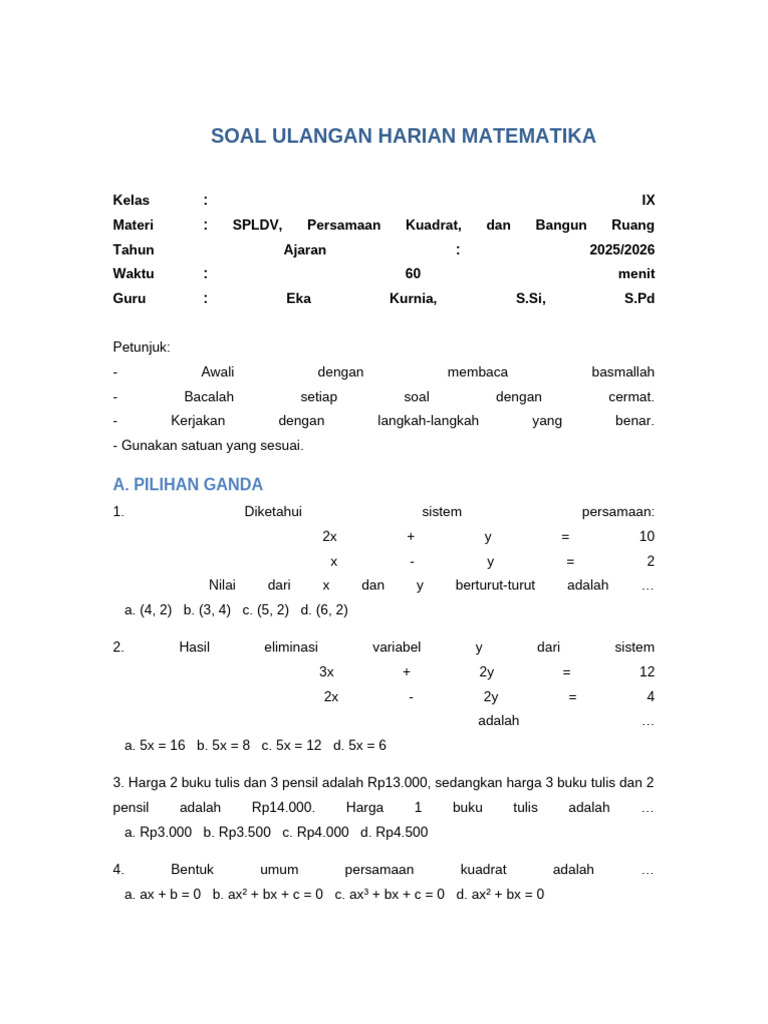 Soal_Ulangan_Harian_Matematika_Kelas9_SMP (1) | PDF