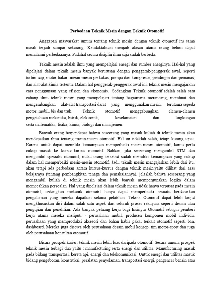 Perbedaan Teknik Mesin dan Otomotif | PDF