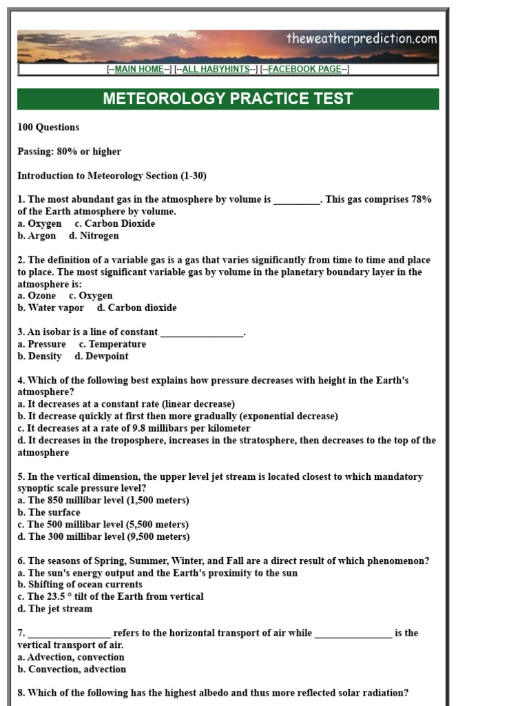 Meteorology Practice Test: 100 Questions | PDF | Tropical Cyclones ...