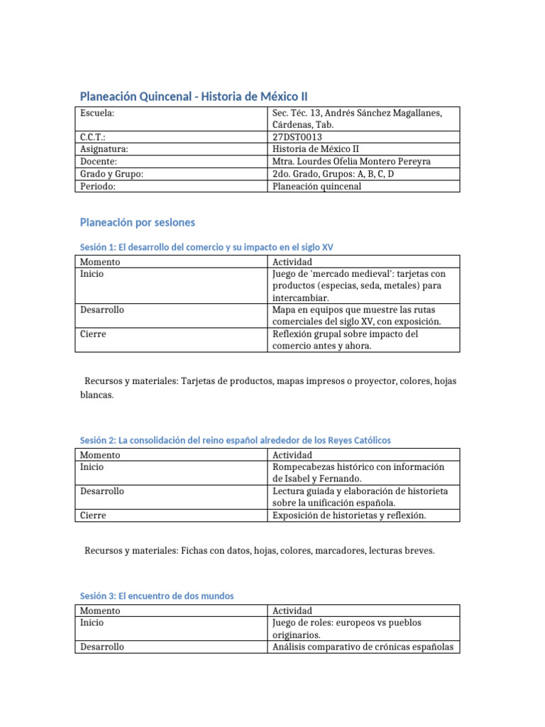 Planeación Quincenal Historia México II | PDF