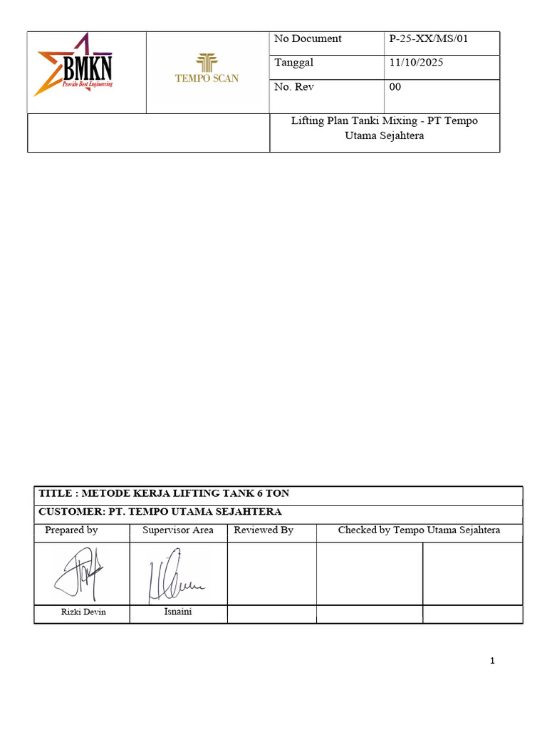 Metode Pekerjaan Positioning and Lifting Tank Mixing | PDF