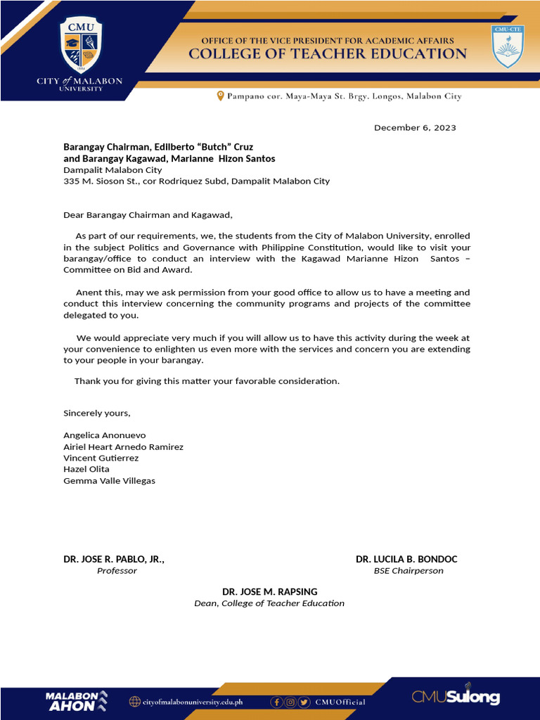 Cmu Bse Pablo Interview Letter to Barangay | PDF