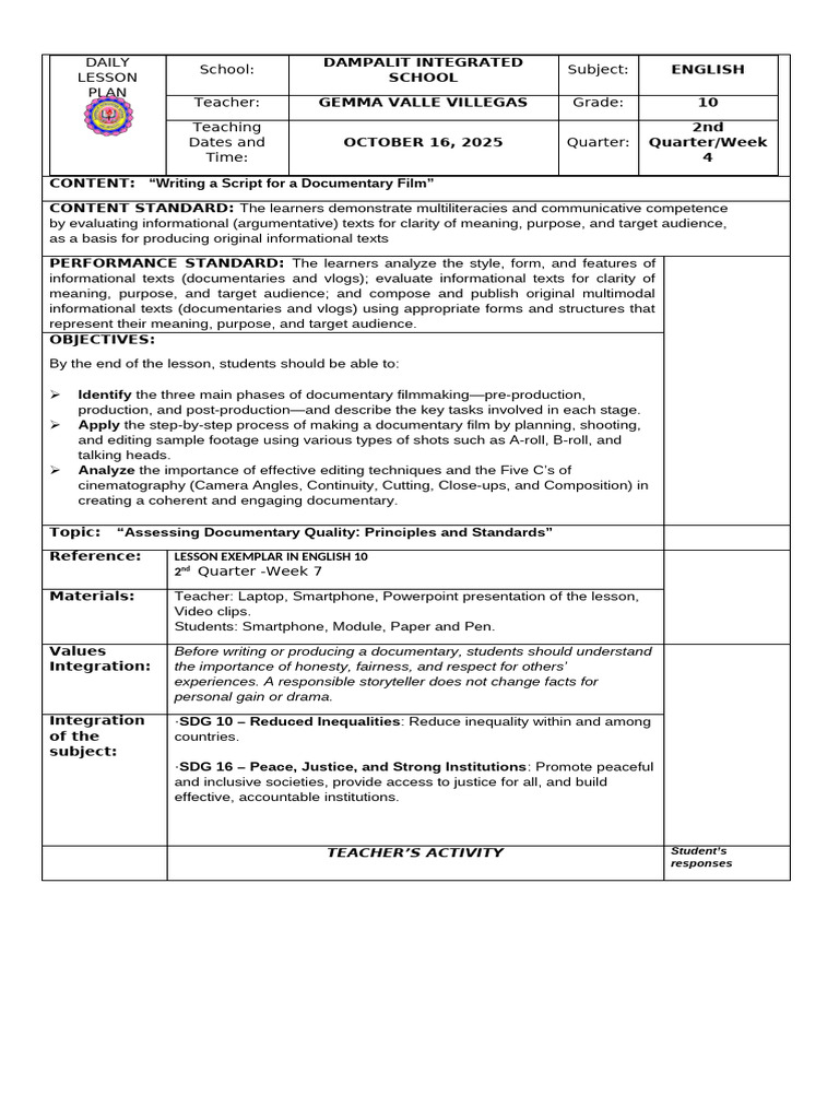 Documentary Script Writing Lesson Plan | PDF | Documentary Film ...
