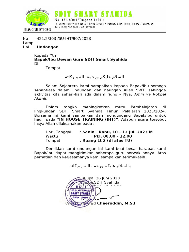 Undangan In House Training SDIT SMPIT SMAIT | PDF