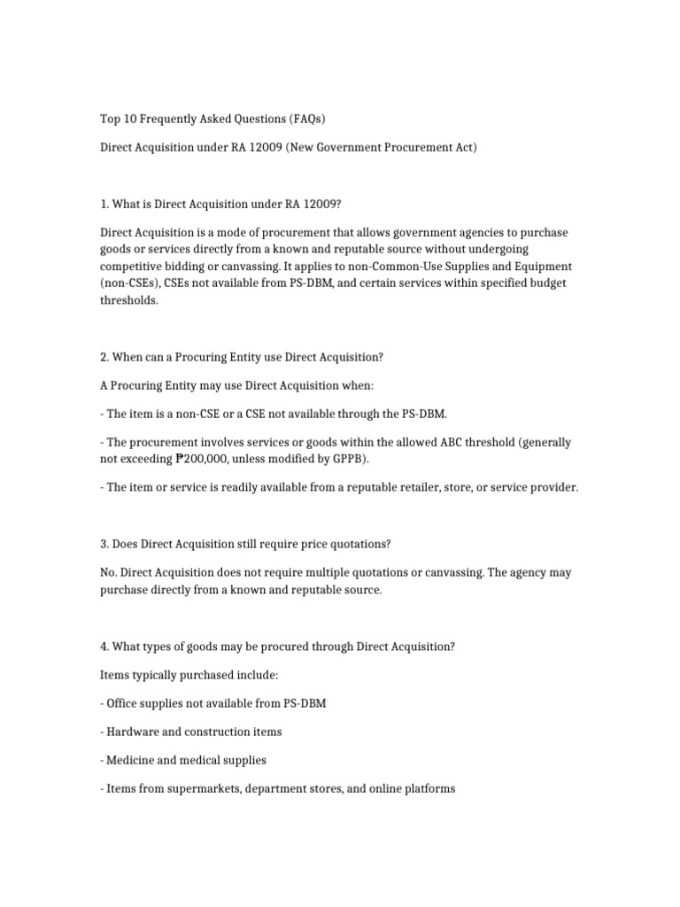 Direct Acquisition FAQs under RA 12009 | PDF | Procurement