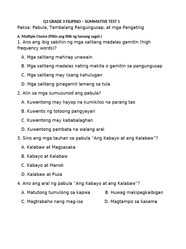 Grade3 Filipino Summative Test | PDF