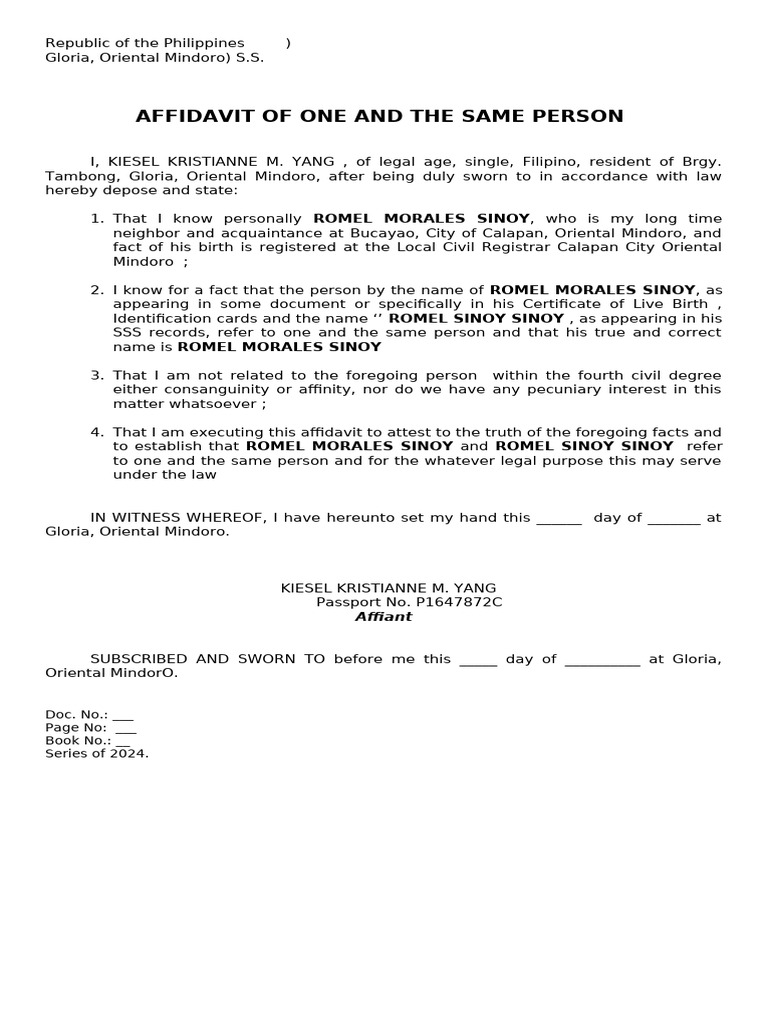 Affidavit of One and The Same Person Yang | PDF