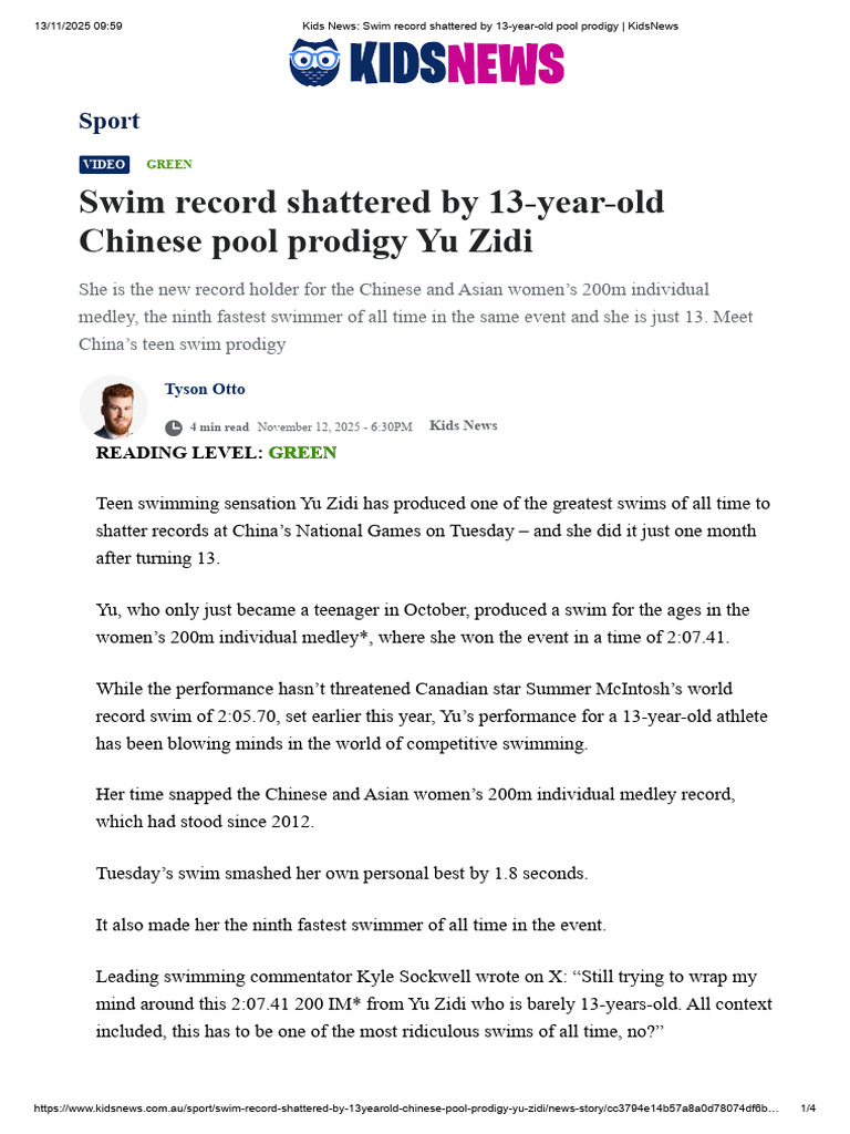 Kids News - Swim Record Shattered by 13-Year-Old Pool Prodigy ...