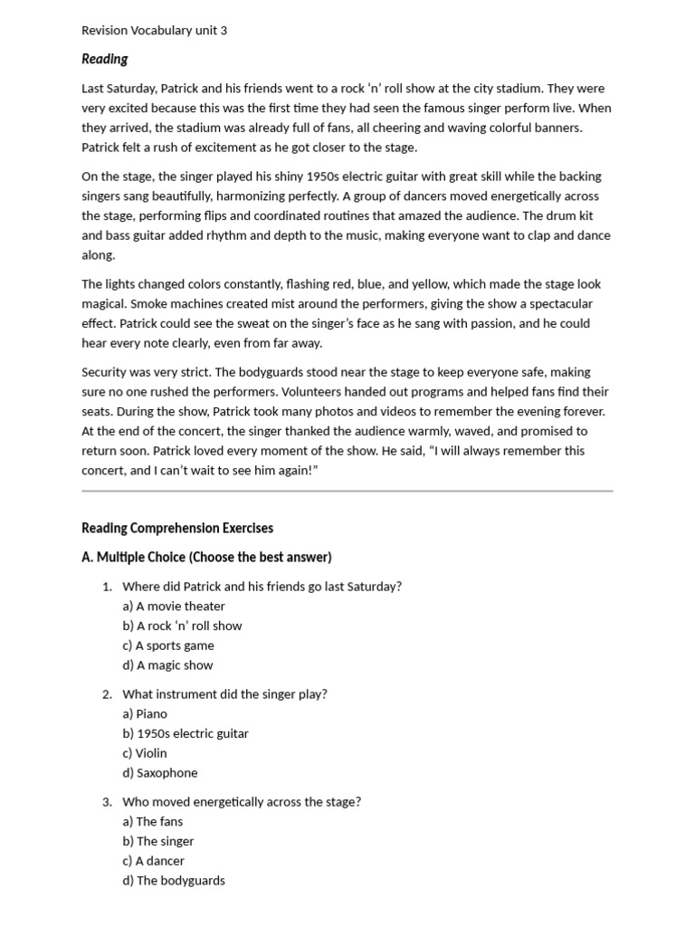 Revision Vocabulary Unit 3 | PDF | Rock And Roll | Performing Arts