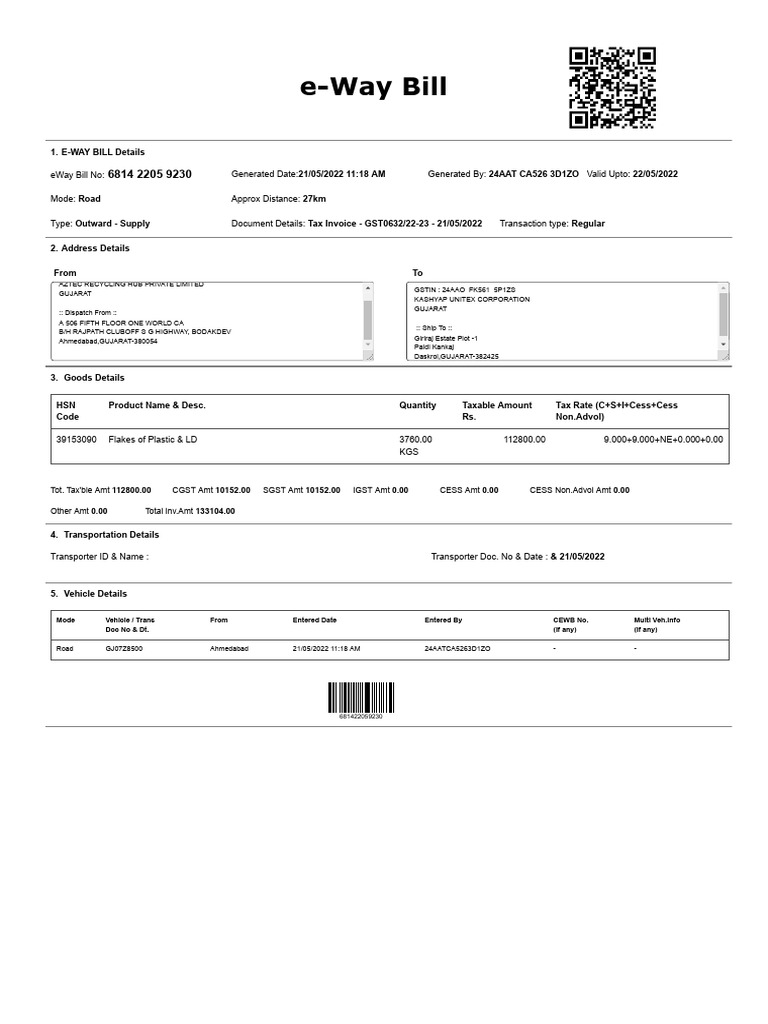 E-Way Bill Details for Gujarat Shipment | PDF | Public Finance | Taxation