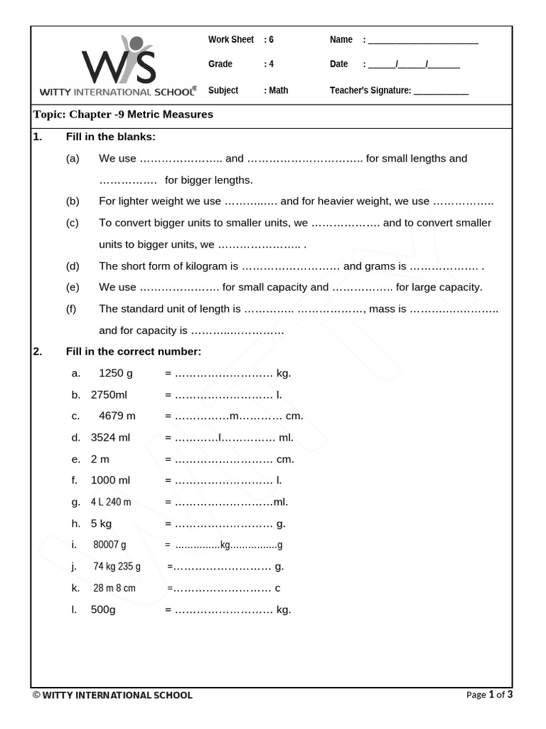 WS GR 4 MAth Metric Measures | PDF | Units Of Measurement | Quantity