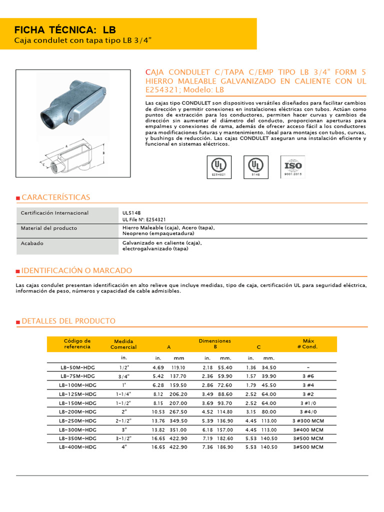 Caja Condulet Tipo LB 3/4” - Ficha Técnica | PDF