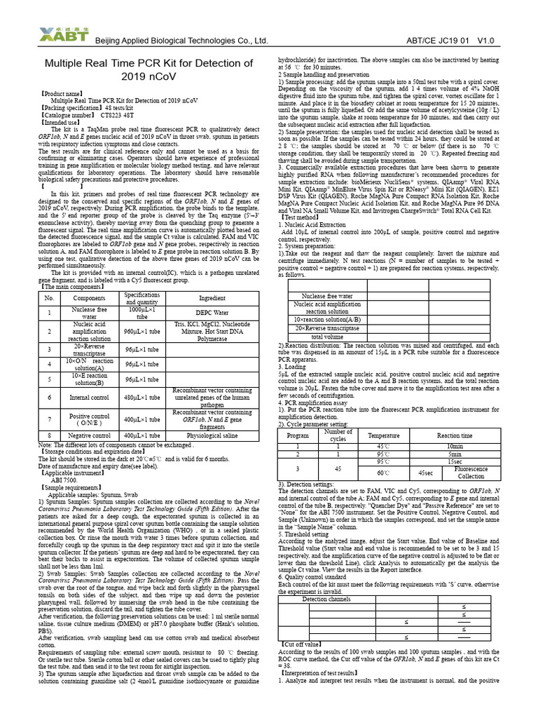 Real-Time PCR Kit for 2019-nCoV Detection | PDF | Polymerase Chain ...