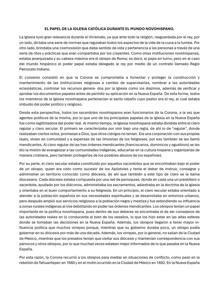 Iglesia Católica en el Virreinato Novohispano | PDF | Nueva españa | Clero