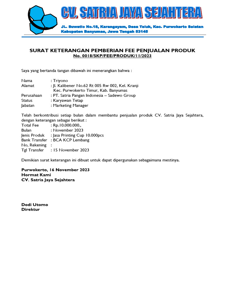 Surat Keterangan Fee Penjualan Produk | PDF