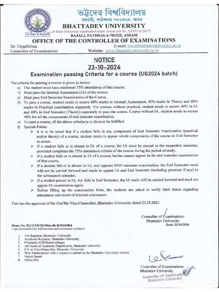 Examination Passing Criteria For A Course (UG) | PDF