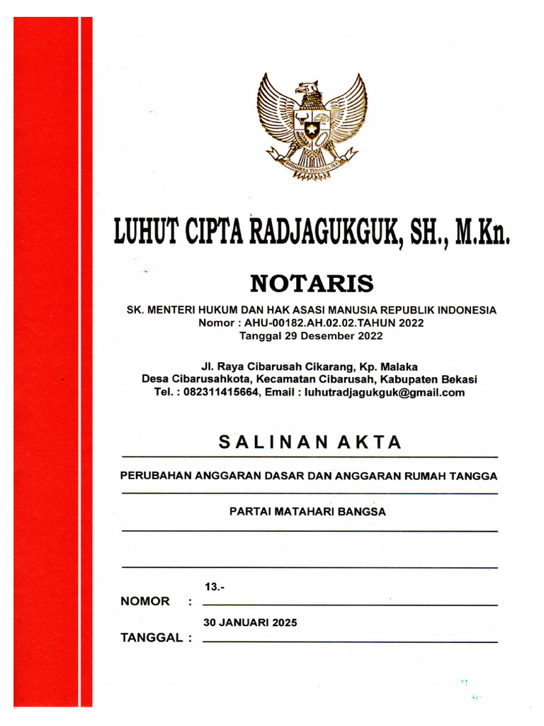 Akta Perubahan AD-ART Partai Matahari Bangsa No. 13 Tanggal 30 Januari ...
