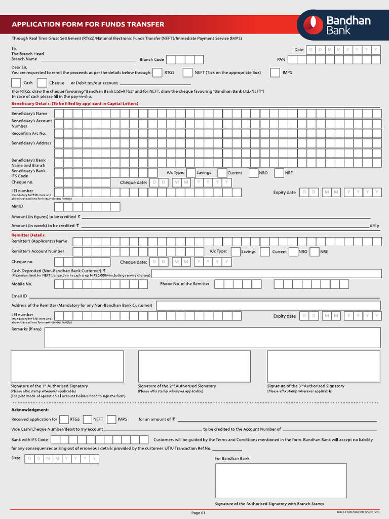 Application Form for Funds Transfer NEFT RTGS IMPS English 090625 | PDF