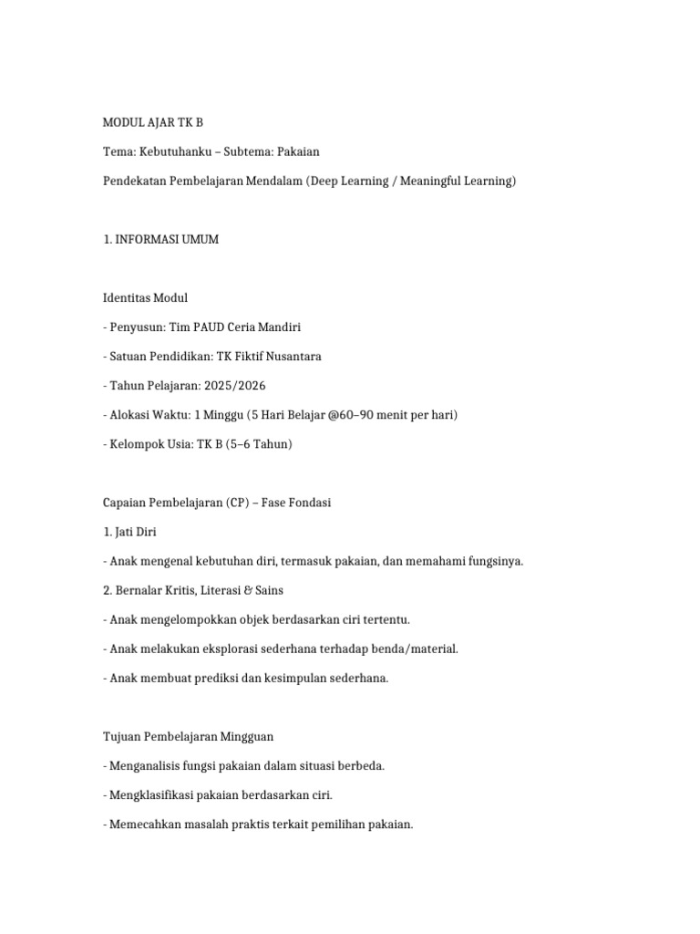 Modul Ajar TK B: Pakaian dan Kebutuhan | PDF