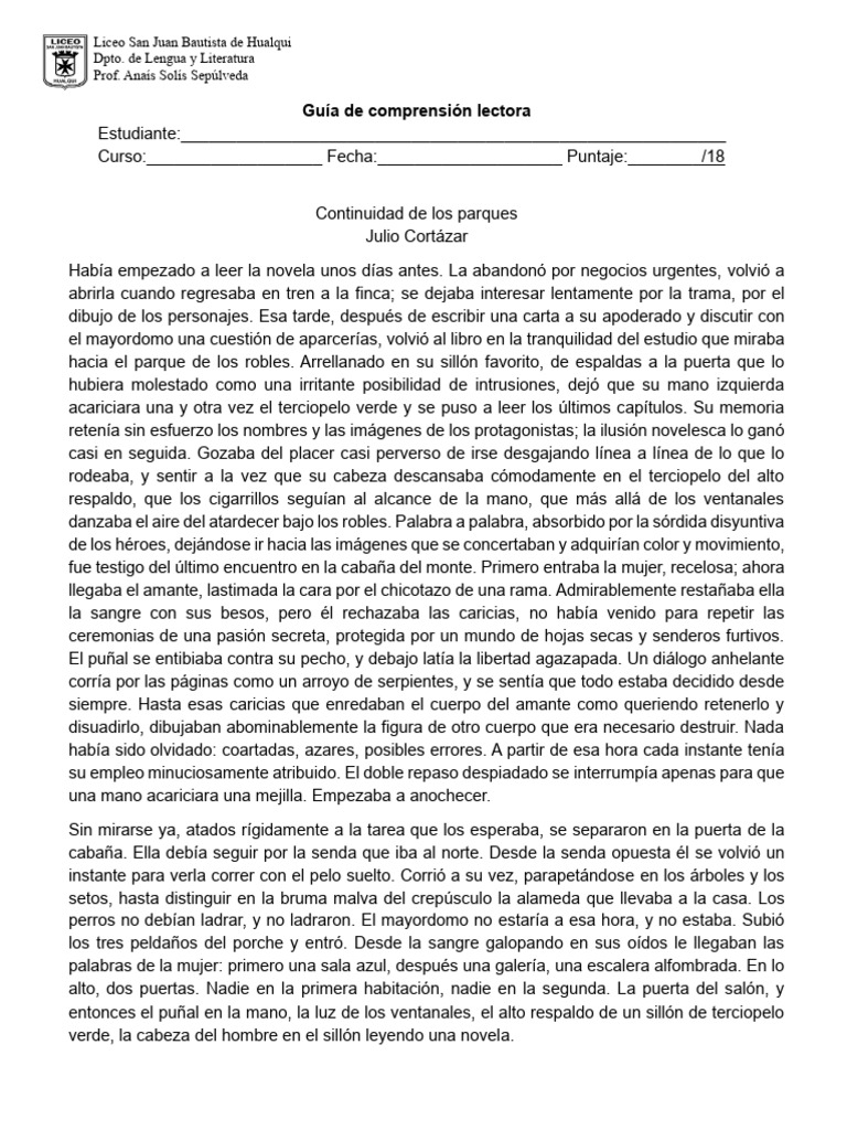 Guía de Comprensión: "Continuidad de los Parques" | PDF