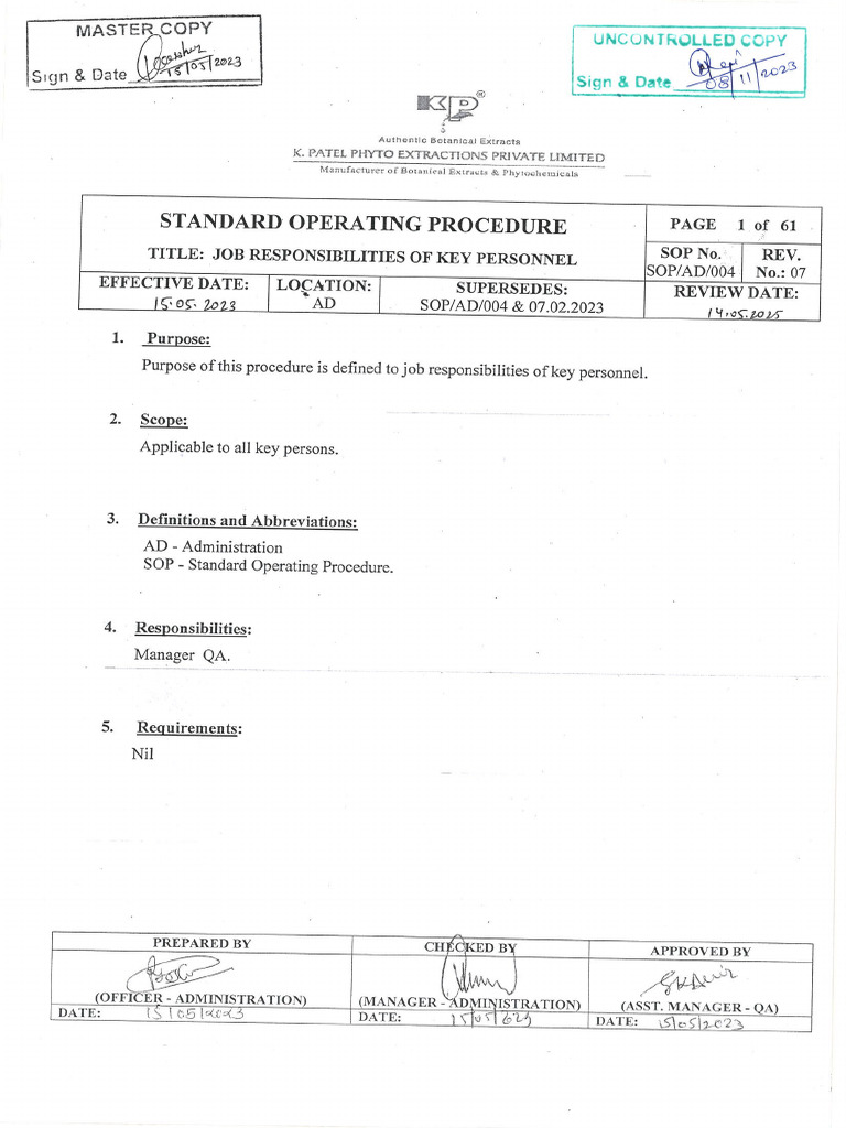 Sop.ad.004_job Responsibilities of Key Personnel_rev No._07 | PDF