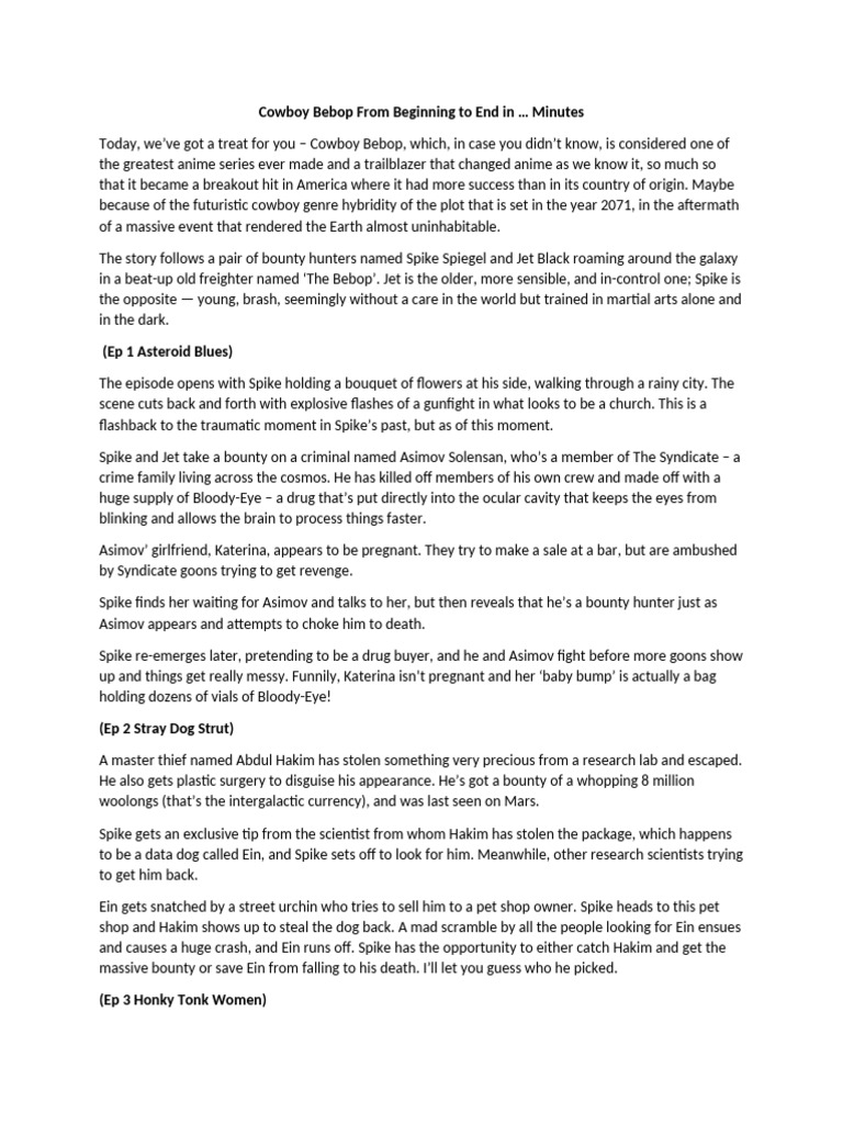 Cowboy Bebop Episode Summaries Guide | PDF