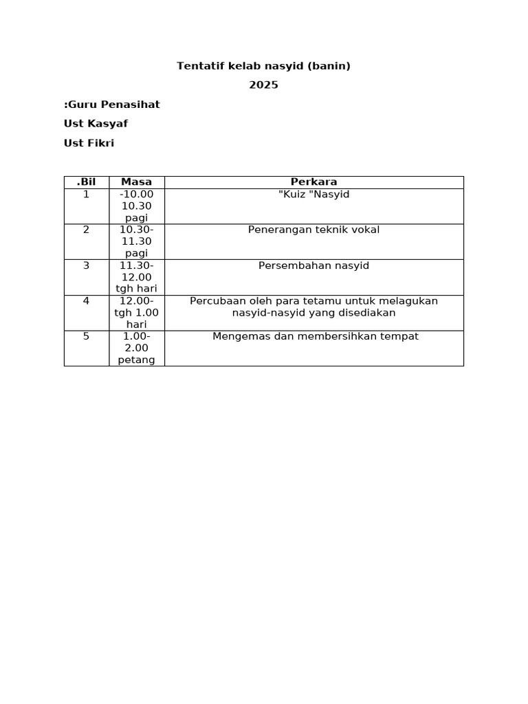 Tentatif Aktiviti Kelab 2025 | PDF