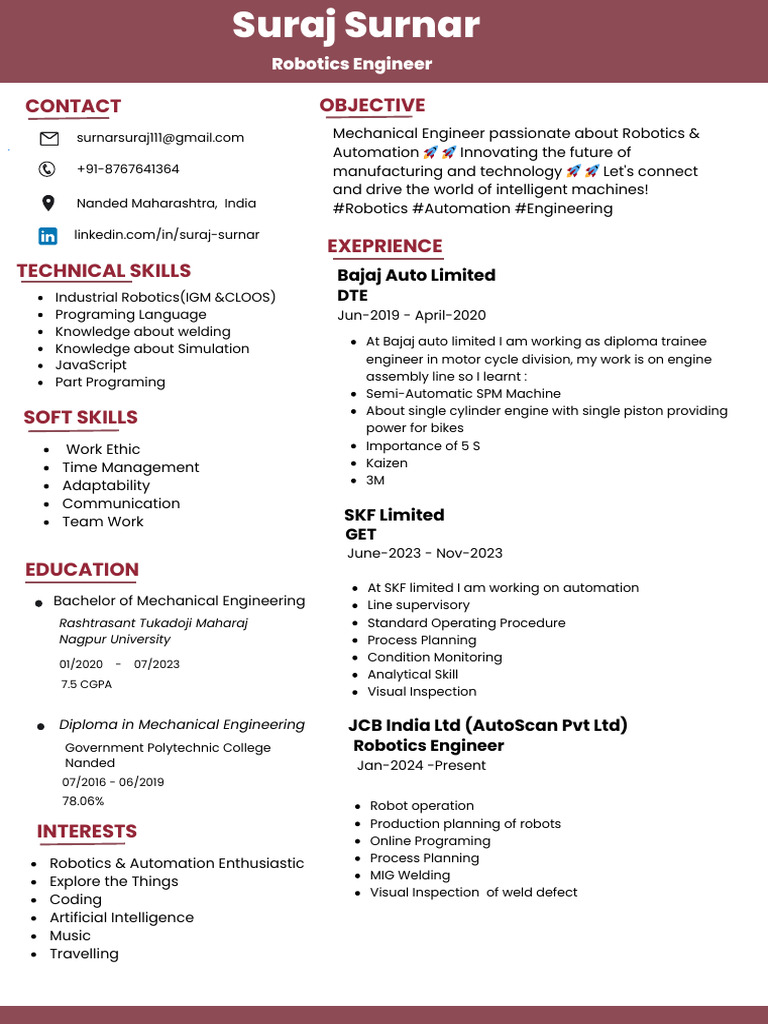 Suraj Surnar Robo Resume | PDF | Robotics | Engineering