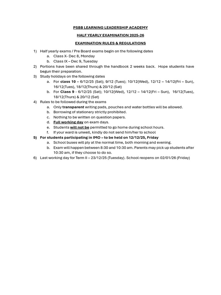 PSBB Academy Half-Year Exam Guidelines | PDF