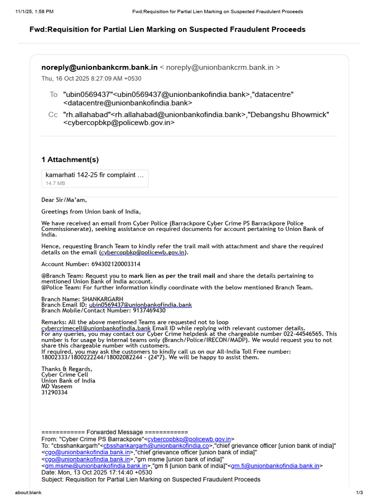 FWD - Requisition For Partial Lien Marking On Suspected Fraudulent ...