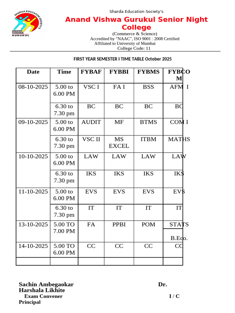 Revised Sem I Time Table | PDF