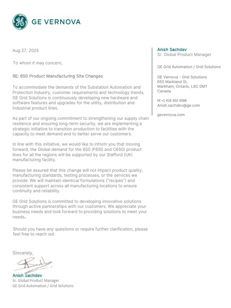 650 Product Manufacturing Site Update | PDF