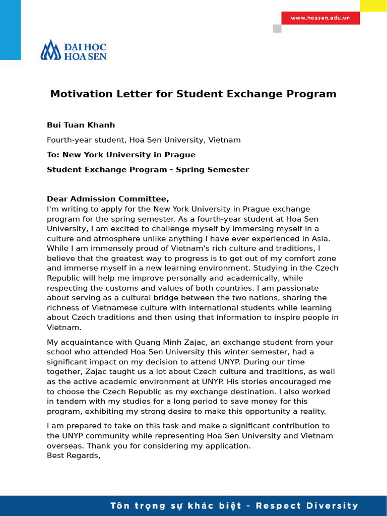 Motivation Letter For Student Exchange Program | PDF