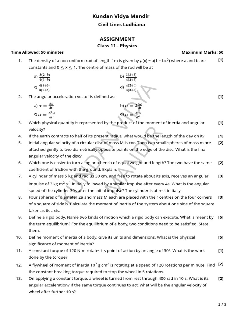 Assignment -Rotational Motion | PDF | Rotation Around A Fixed Axis | Quantity